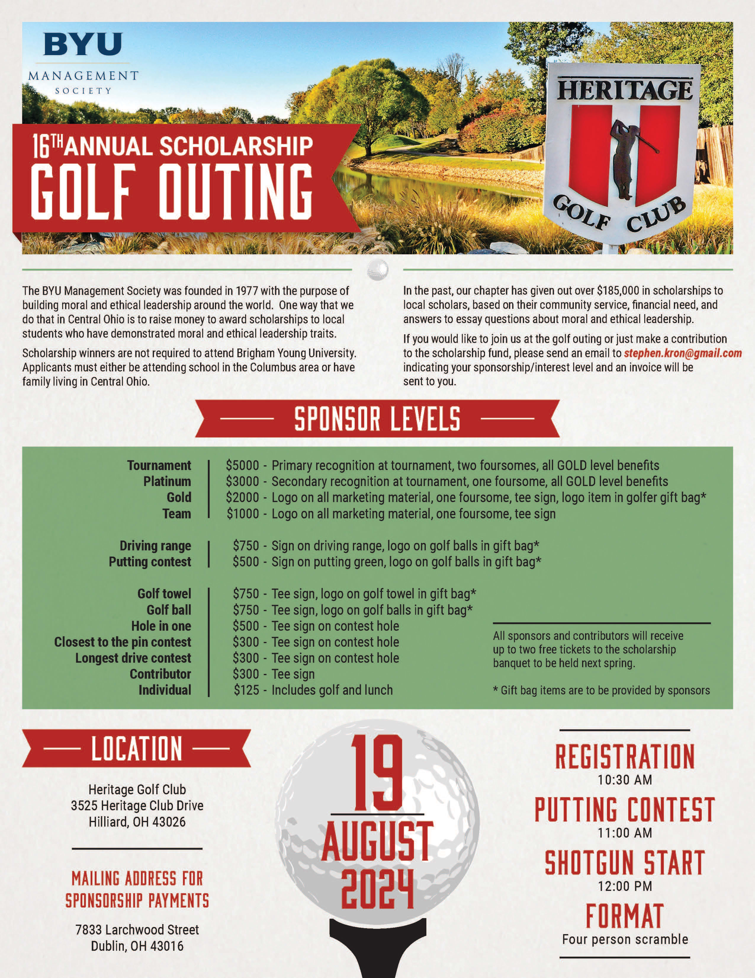 See 16th Annual BYUMS Golf Outing and Scholarship Fundraiser at BYU Management Society Central Ohio